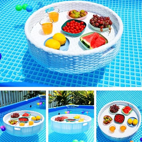 Floating Tray Floating Serving Tray Round Rattan Woven Swimming Pool Floats for Pool Serving Drinks, Brunch, Food On The Water,Brown (Color : White)