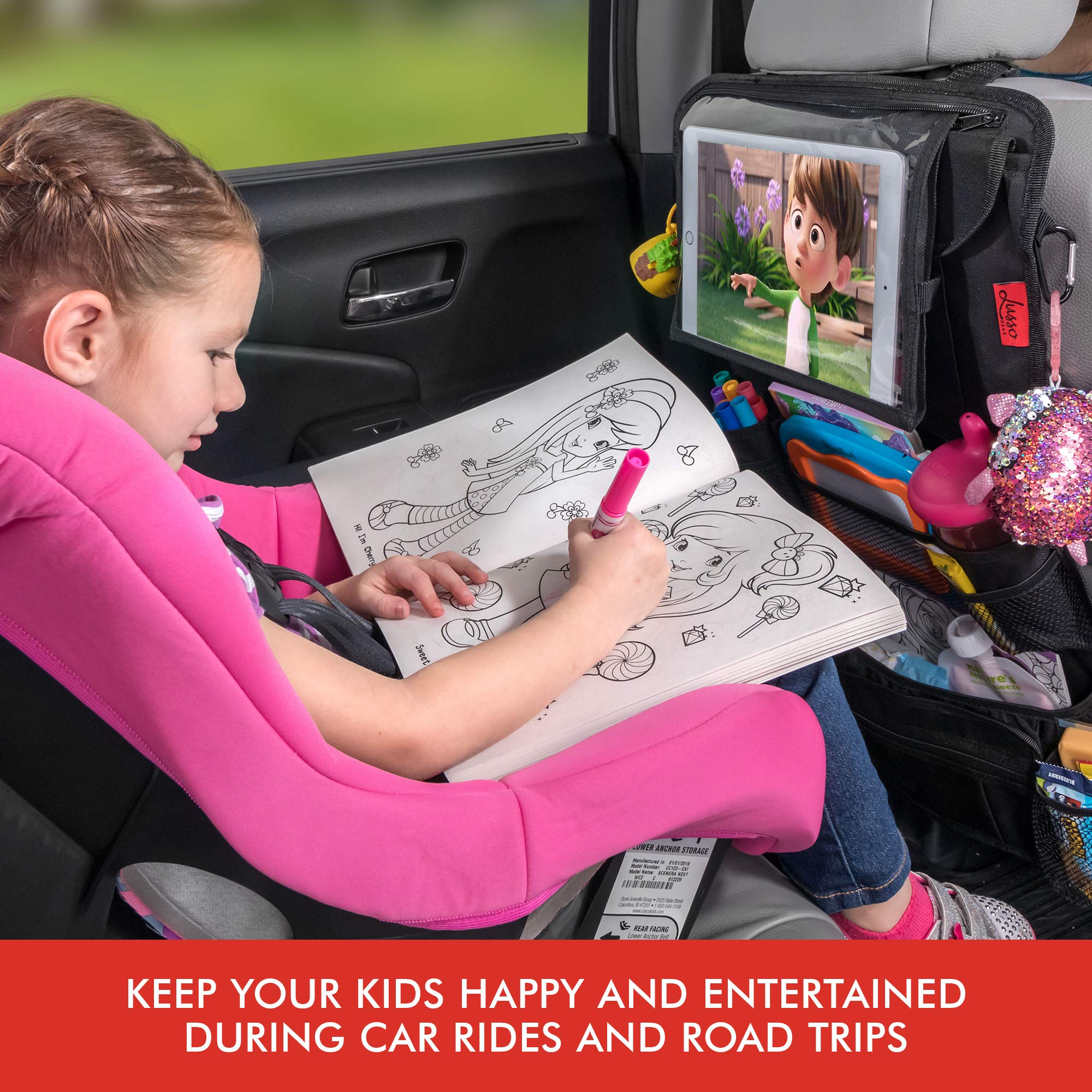 Lusso Gear Kids Travel Tray (Blue) + Heavy Duty Car Seat Organizer (Black), Extra Large for Protection, Sag Proof & Reinforced Corners, Protects iPad & Backseat, 12 Versatile Car Seat Organizer Storag