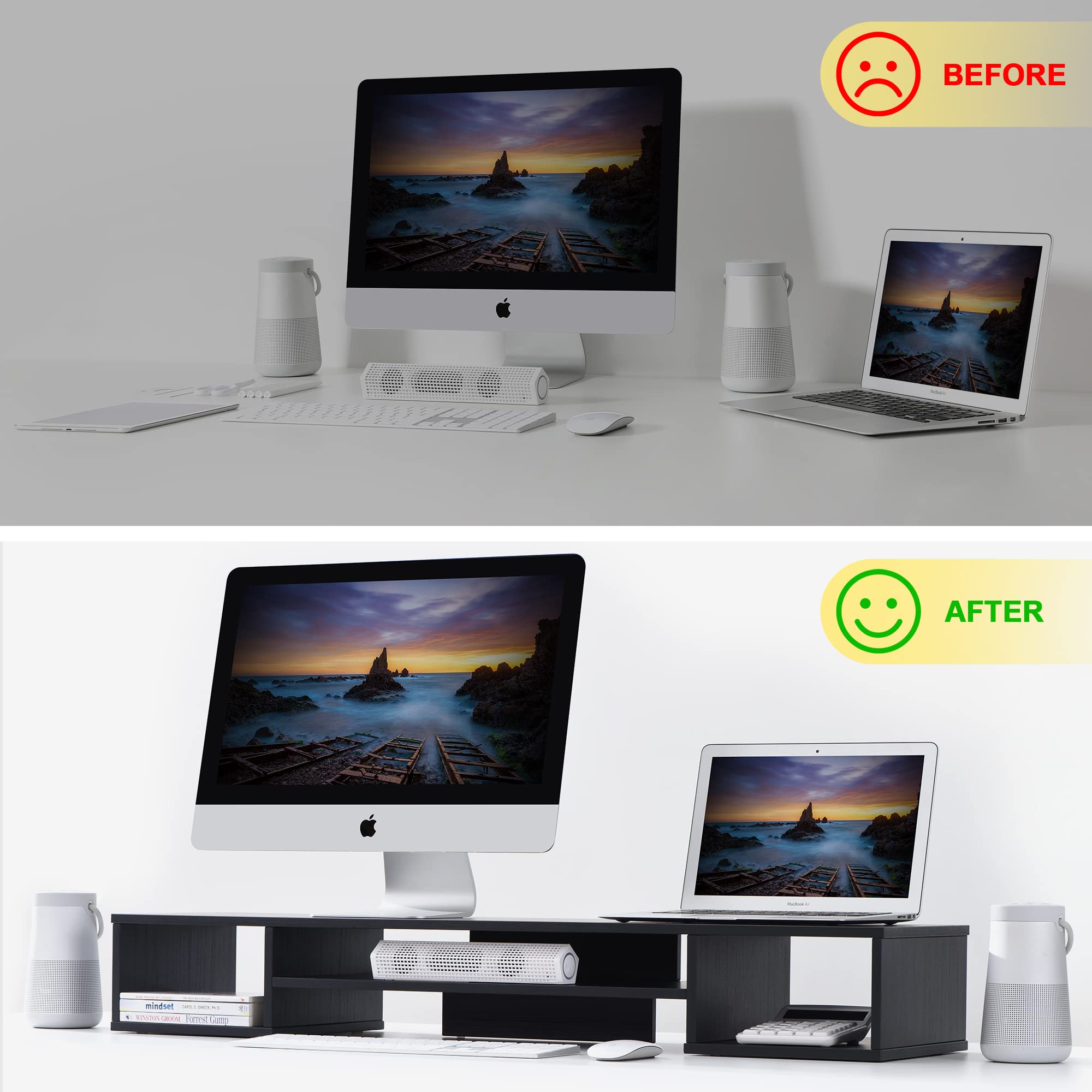 GICLAIN Dual Monitor Stand, Computer Dual Monitor Riser, Multi Screen Monitor Stand with 4 Storage Compartments (Black)