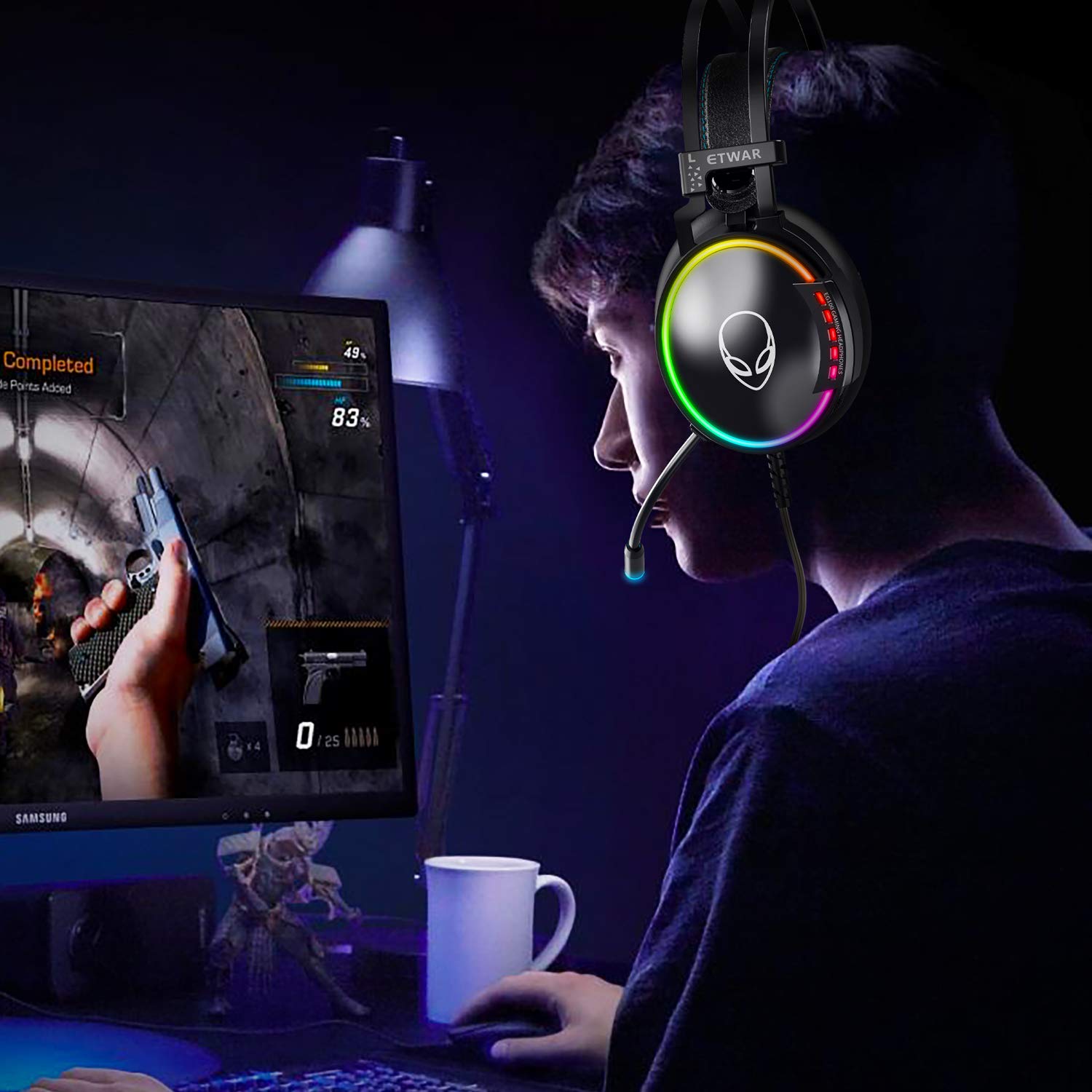 ETWAR EG100 USB Gaming Headset for PC, Computer Headphones with Microphone/Mic Noise Cancelling, Video Gaming Headset USB, RGB Flowing Light - Wired Headphones for PS4, PS5, Laptop, Call Center