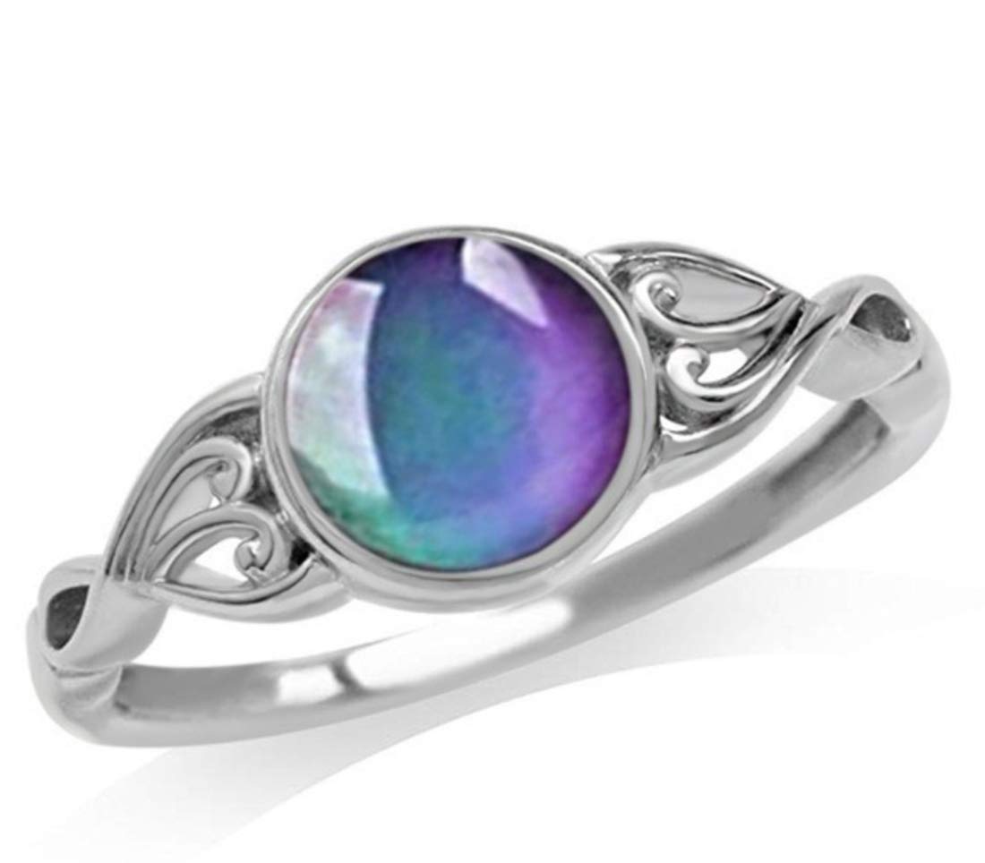 FLYYQMIAO 925 Silver Temperature-Control Changeable Ring Mood Change Color Rings Retro Flower Round Stone Engagement Mood Ring for Women Mystery ring (6#)