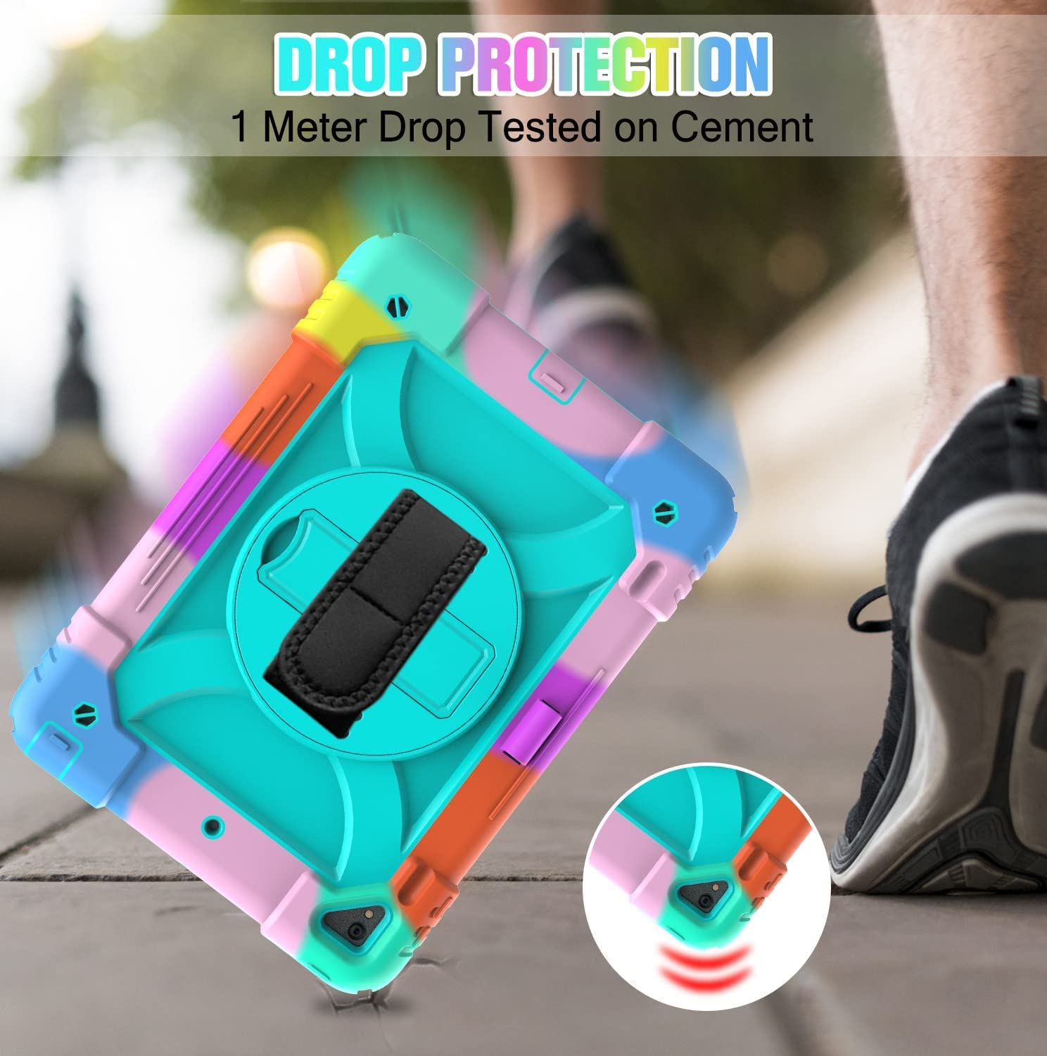 eTopxizu Rugged Case for iPad 9.7 Inch 2018/2017, 3 Layer Hybrid Shockproof [360 Rotating Stand] [Hand Strap] [Pencil Holder] Kids Case, iPad 6th Generation Case, iPad 5th Generation Case, Turquoise