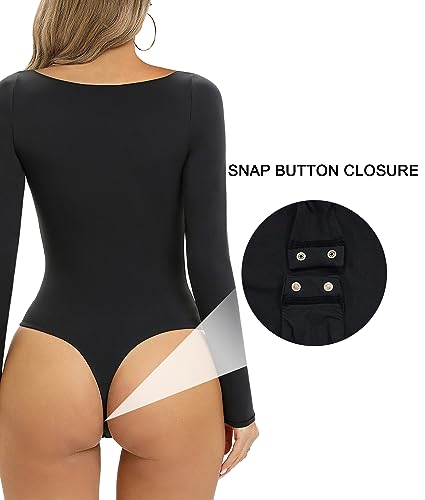 SHAPERX Women's Long Sleeve Scoop Neck Bodysuit Soft Body-Hugging T-Shirt Fits Everybody, SZ5260-Black-XS