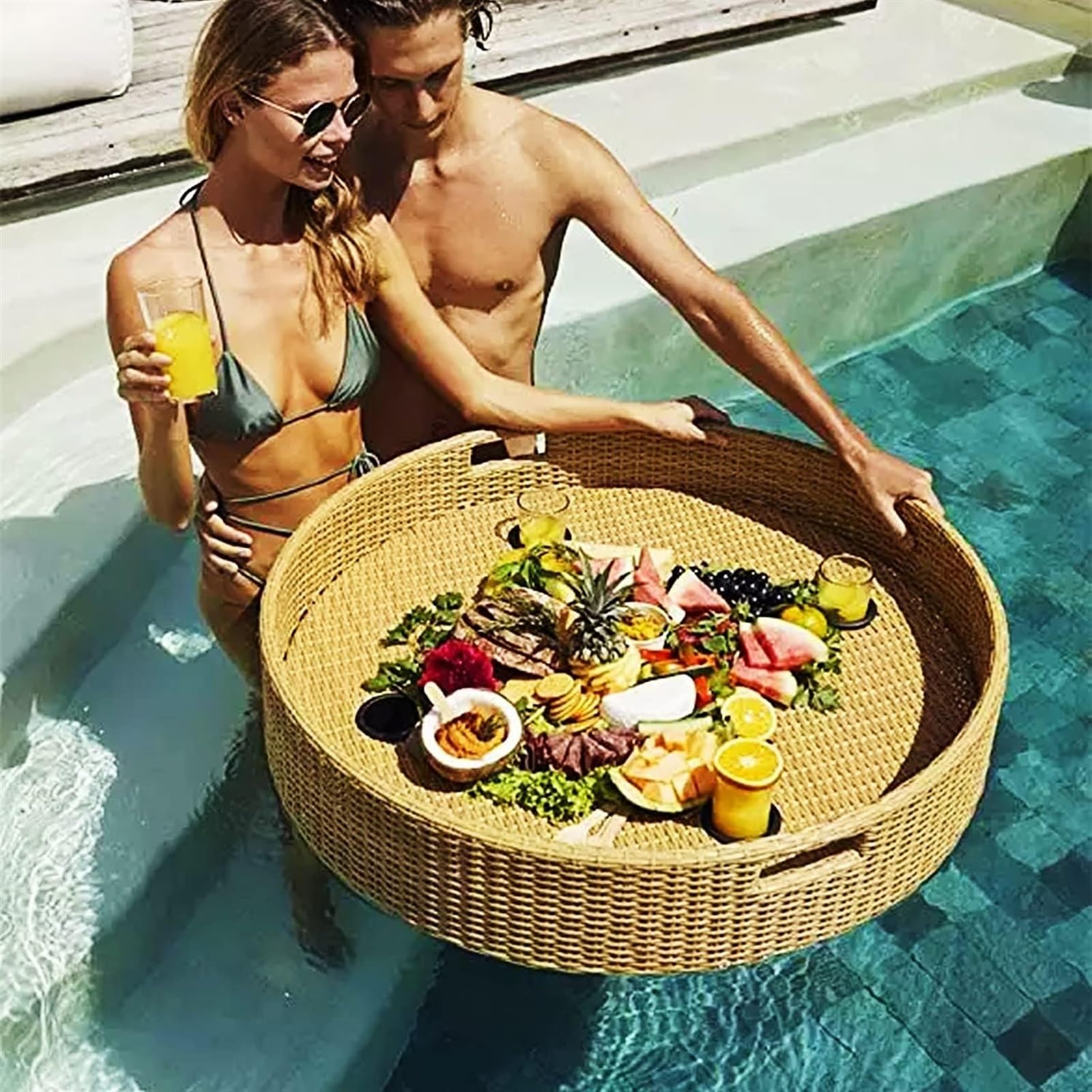 Floating Tray Floating Pool Tray Round Rattan Woven Serving Tray, for Breakfast, Drinks, Snacks, Coffee Table, Home Decorative