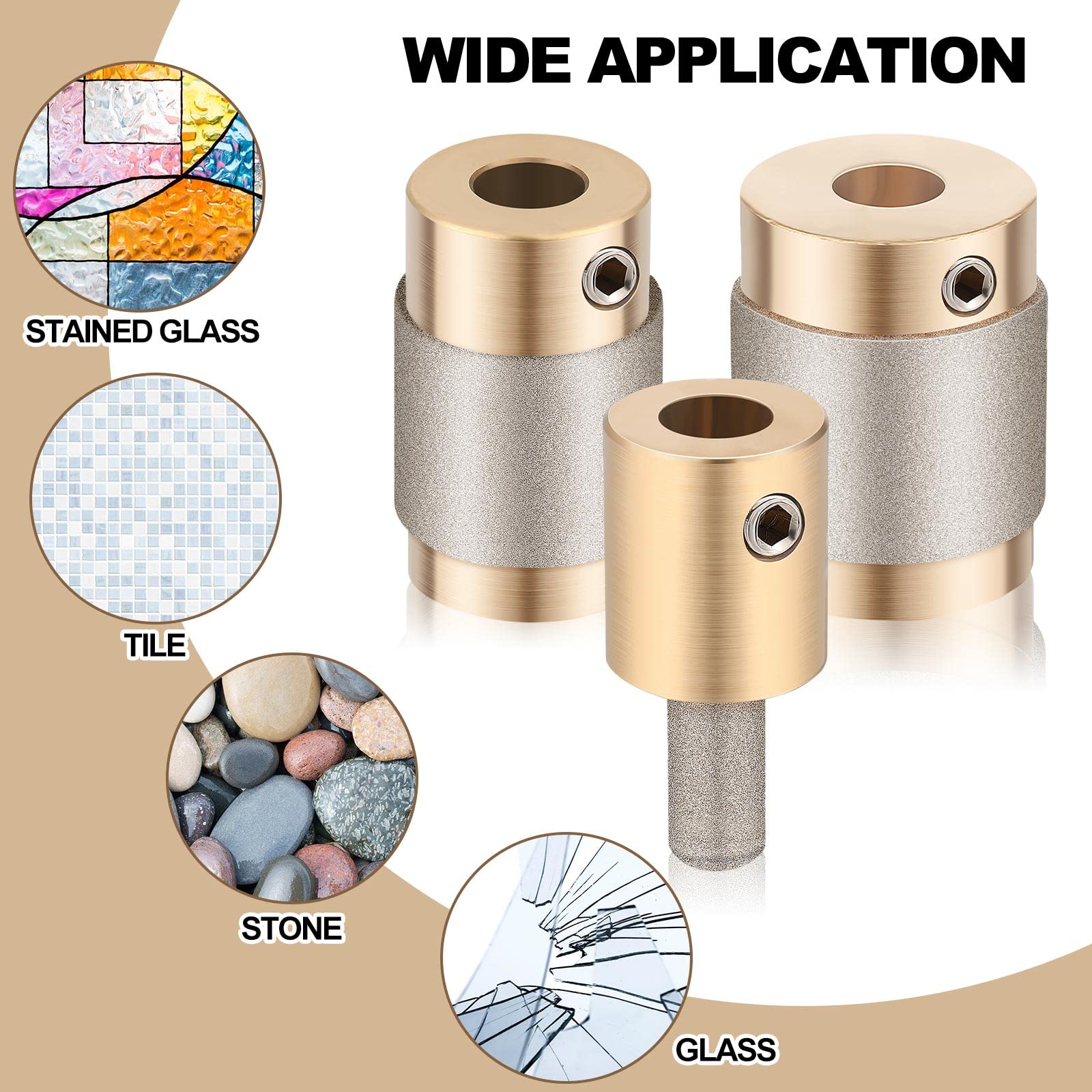 Glass Grinder Bits for Stained Glass, Stained Glass Drill Bits, Stained Glass Diamond Grinder Bit Head Tools, Stain Glass Tools and Supplies for Glass Grinder (3 Pieces,1 Inch, 3/4 Inch, 1/4 Inch)