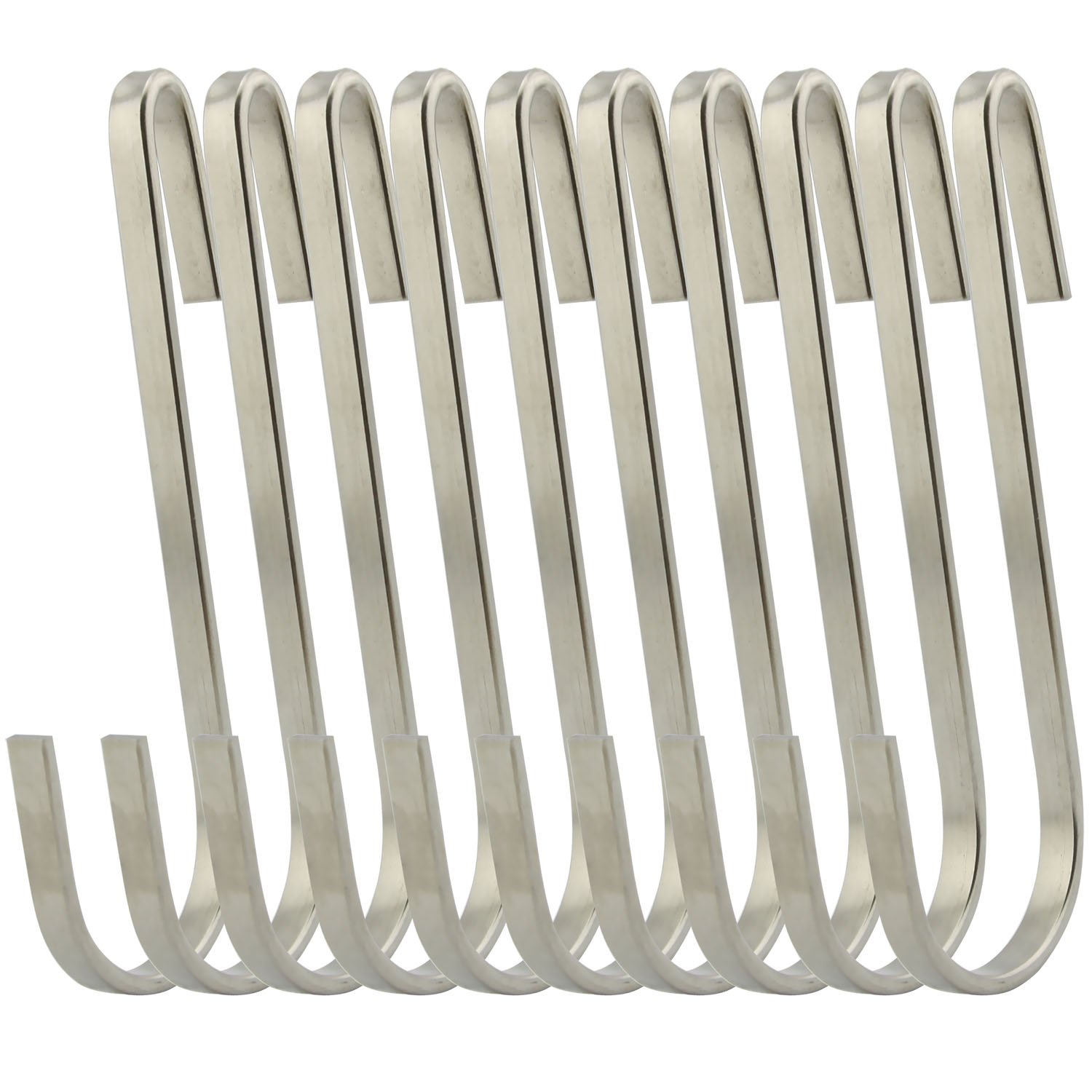 RuiLing Flat Style Premium Stainless Steel S Hook Cookware Universal Pot Rack Hooks Sturdy Hanging Hooks - Multiple uses for Kitchenware, Pots, Utensils, Plants, Towels - Set of 10