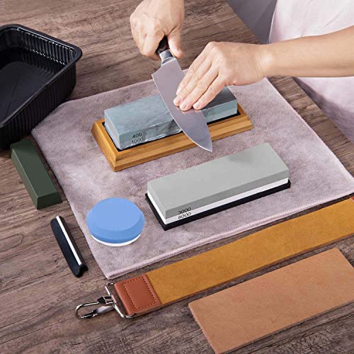 Sharpening Stone Set for Knife Wet Stone Sharpening Kit, Water Stone for Sharpening Knives 4 Side Grit Whetstone 400/1000 3000/8000 Kitchen Knives Sharpeners-Non-Slip Bamboo Base,Gloves,Honing Guide