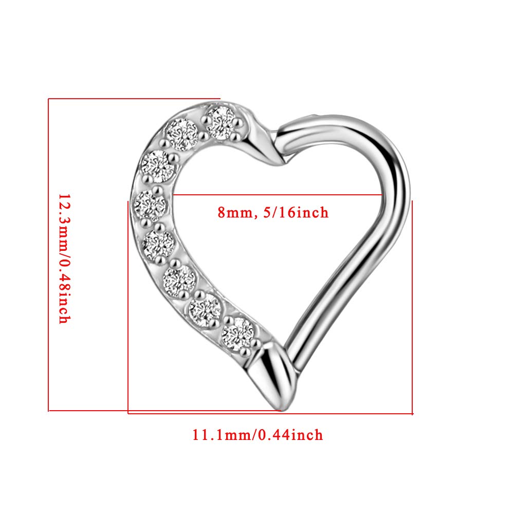 FANSING 16 Gauge Gemmed Daith Earrings Right Ear 8mm Daith Piercing Jewelry Surgical Steel 16g Heart Shaped Hinged Ring Hoop 316L Stainless Steel