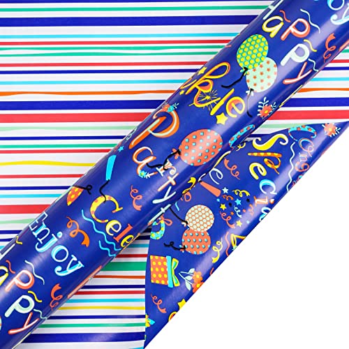 MAYPLUSS Reversible Wrapping Paper Roll - Mini Roll - 17 Inch X 32.8 Feet - Birthday Design (47.3 sq.ft.ttl)