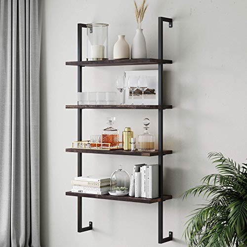 Nathan James Theo 2-Shelf Industrial Wall Mount Ladder Table, Nutmeg/Matte Black & Theo 4-Shelf Bookcase, Floating Wall Mount Shelves with Natural Wood and Industrial Pipe Metal Frame, Nutmeg/Black