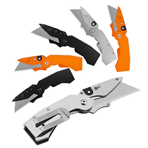Lichamp 6 Pack Folding Utility Knife Set, Pocket Box Cutter with Belt Clip, Includes Extra 30 Pieces Quick Change Blade, Stainless Steel Grip with SK5 Blade
