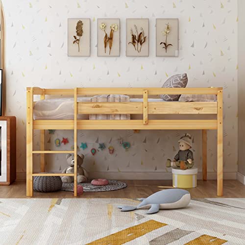 OTRIEK Twin Size Low Wood Loft Bed Frame with Ladders and Guard Rails for Boys Girls and Junior, No Box Spring Needed, Under Bed Storage (Walnut)