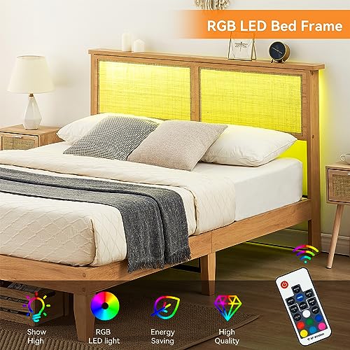 GAOMON 12.4 Inch Deluxe Solid Wood Queen Bed Frame with Natural Rattan Headboard, Queen Size Platform Bed Frame with LED Lights, Mattress Foundation, Noise-Free, No Box Spring Needed