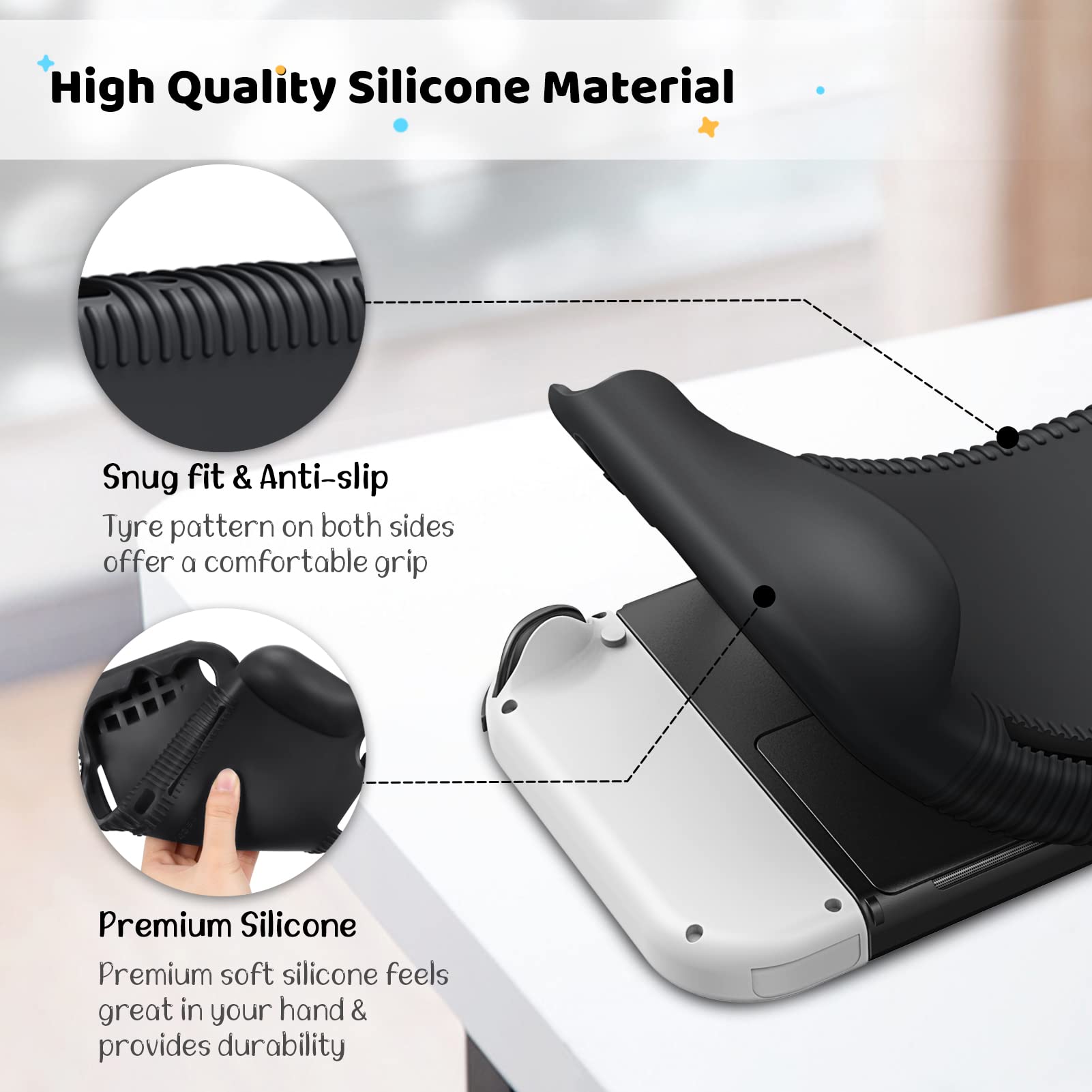 Fintie Case Compatible with Nintendo Switch OLED Model 2021, Soft Silicone Protective Cover, [Anti-Slip] Shockproof Case w/Ergonomic Grip, Grip Case for Switch OLED Console 7.0" (Black)