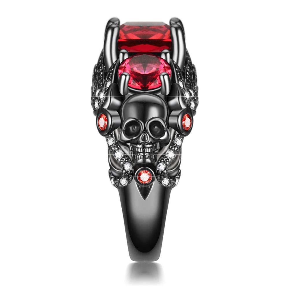 Gothic Jewelry Purple Red Black Crystal Unique Black Skull Rings for Women Halloween Christmas Gifts (Square-Red, 7)