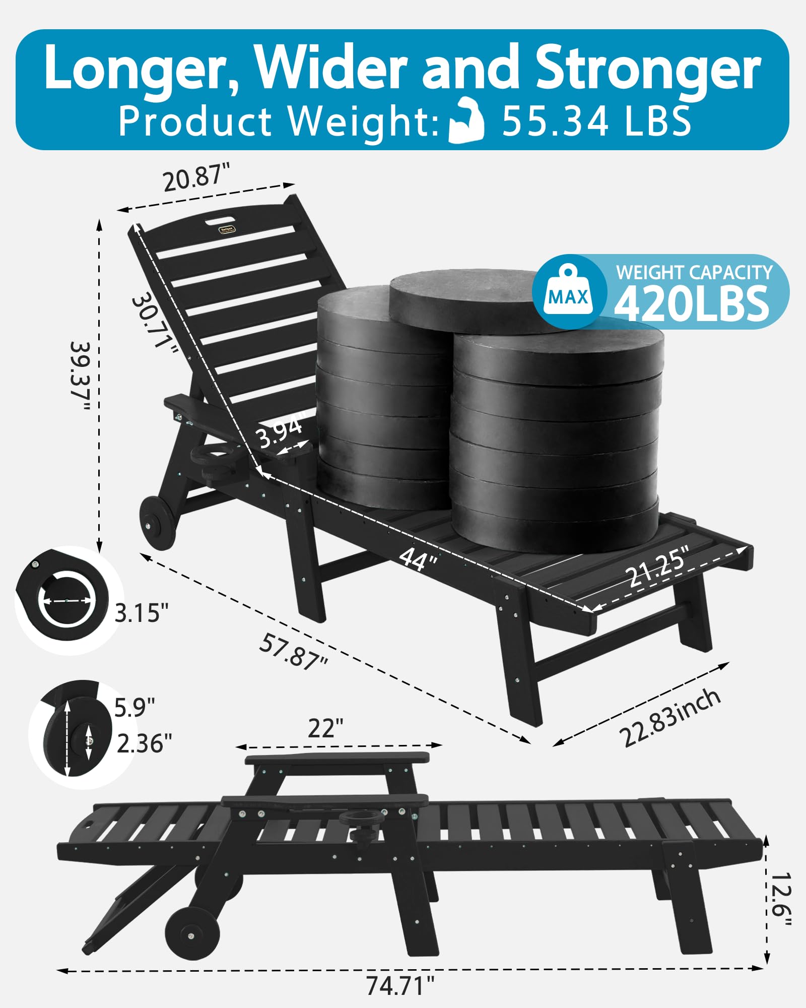 Serique Chaise Lounge Chair Outdoor with Wheels, Oversize Patio Lounge Chair with Wood Texture, 5-Position Plastic Lounge Chair for Poolside, Patio, Deck, Beach(Black)