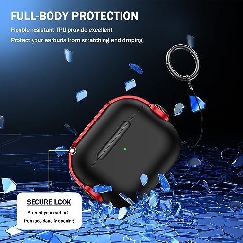 R-fun Airpods 3rd Generation Case with Secure Lock, Music Headset Earphone Protective Case Cover with Cleaning Kit Compatible with Apple Airpods 3 2021 Charging case-Black & Red