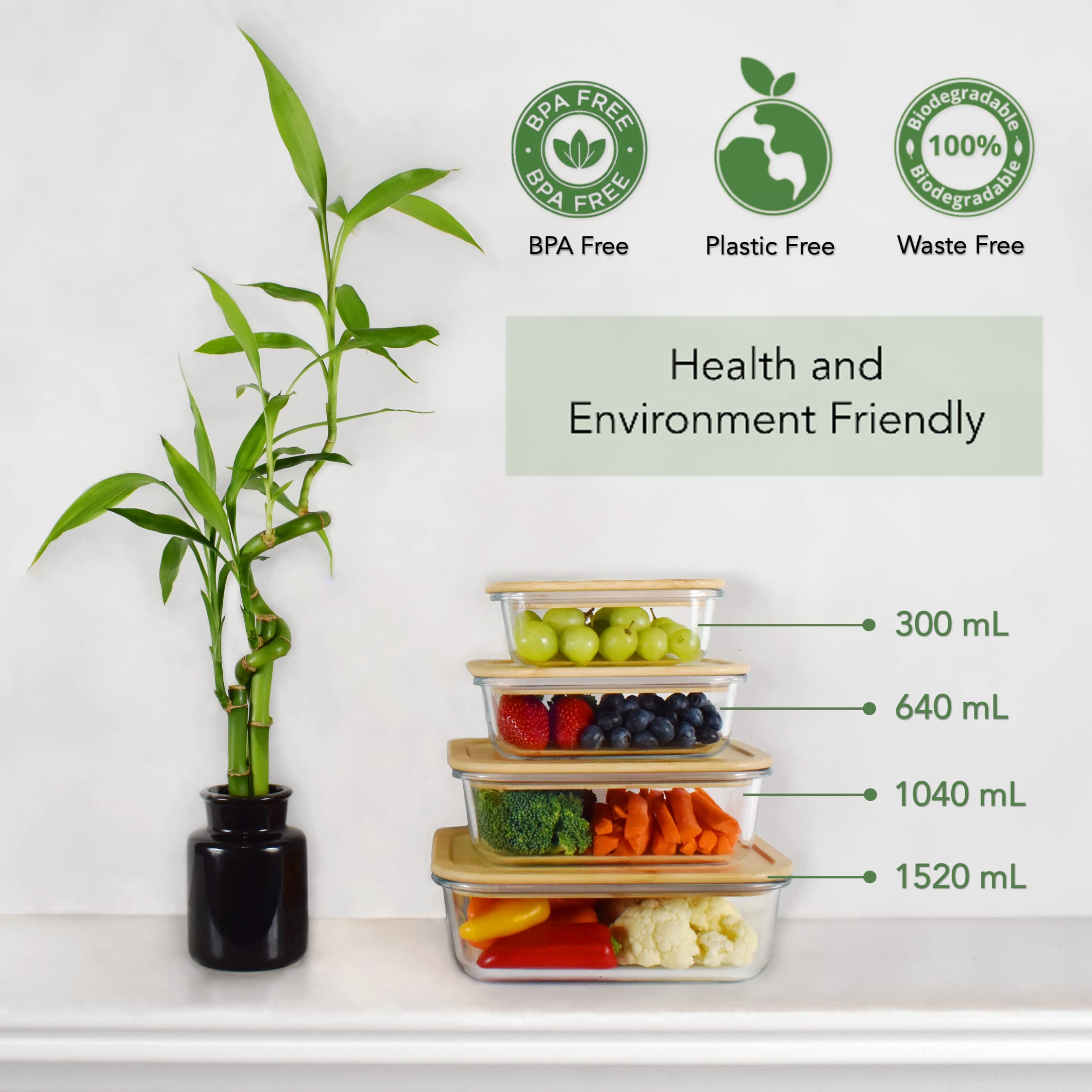 EcoPreps Glass Food Storage Containers with Bamboo Lids [4 Pack] 100% Plastic Free, Eco-Friendly, Oven, Microwave Safe Glass Meal Prep Containers, Glass Lunch Containers, Bamboo Lid Storage Containers