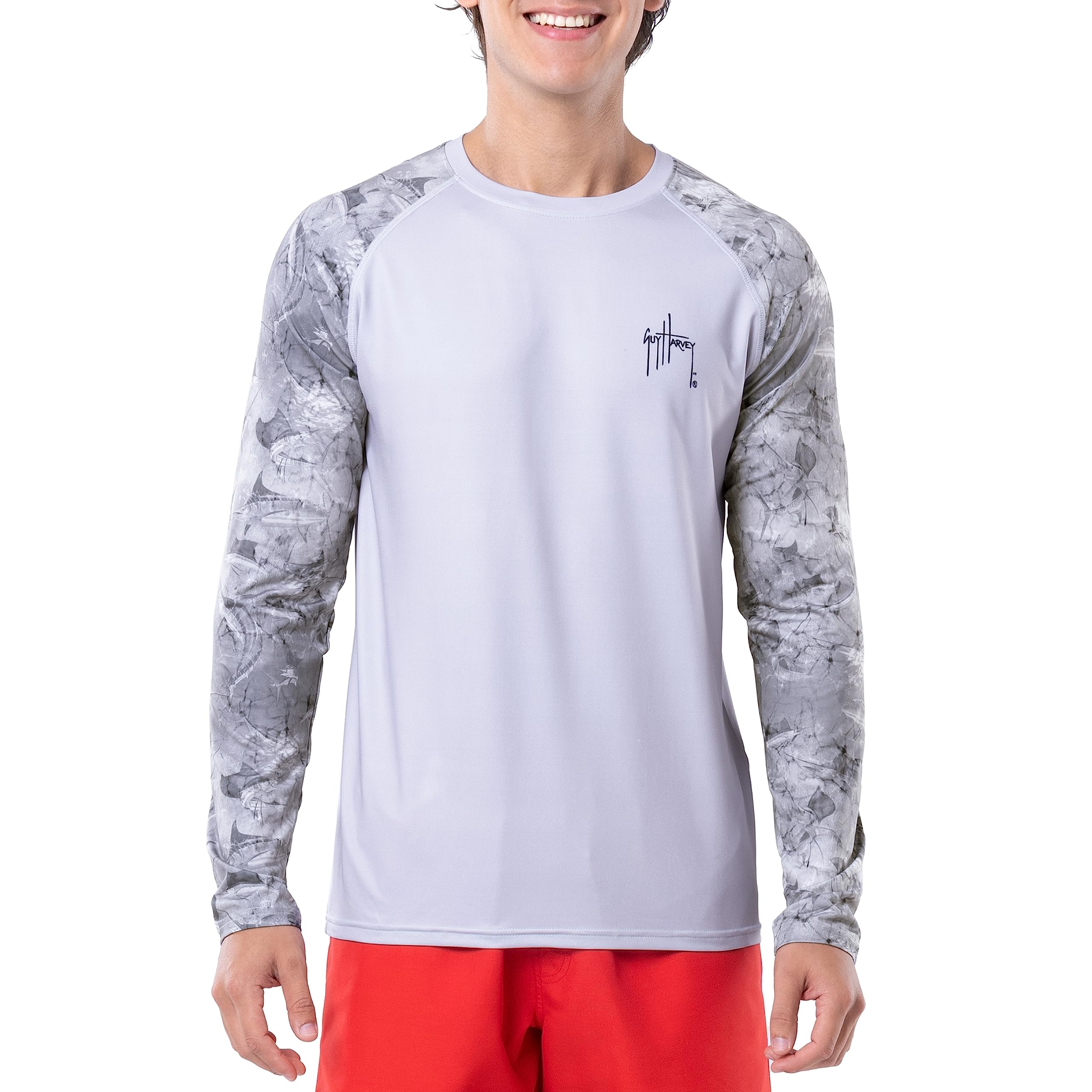 Guy Harvey Men's Raglan Sleeve Sun Protection Top, Microship/Saltwater Bill, Large