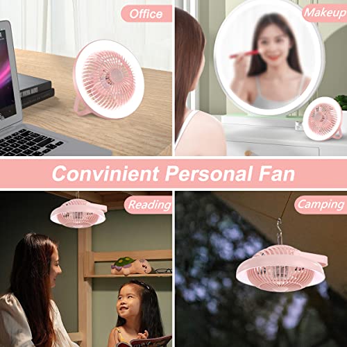 Small Desk Fan Battery Operated 8", 3 Speed Upgraded Max 20H Powerful Airflow, Circular LED Light, Rechargeable USB Fan, Table Fan for Camping, Bedside, Desk, Quiet Small Fan, 90° Tilt Stand