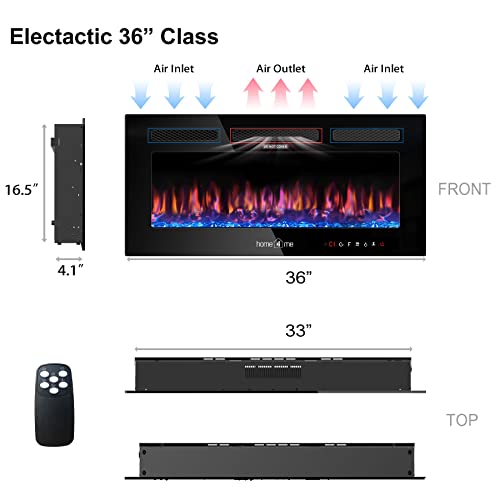 Home4me 36" Electric Fireplace, Wall Mounted and Recessed Fireplace Heater, 750/1500W Freestanding Linear Fireplace, Adjustable Flame Color, Touch Screen,Remote Control with Timer, Low Noise