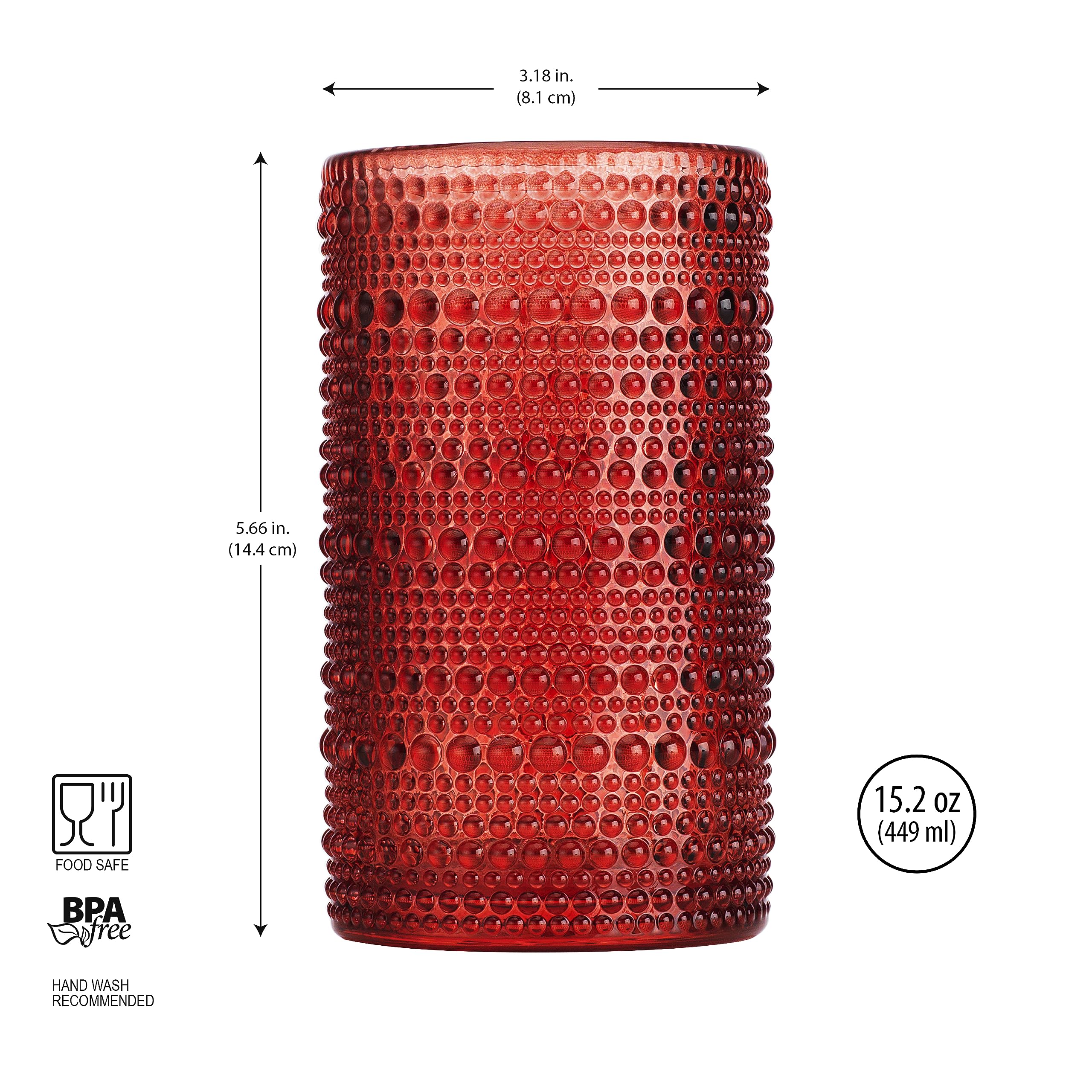 Glaver's Hobnail Drinking Glasses Set of 4 Red Vintage Glassware. 15 Oz. Everyday and Holiday Dinner Beaded Drinking Glasses for Water, Juice, Cocktail.