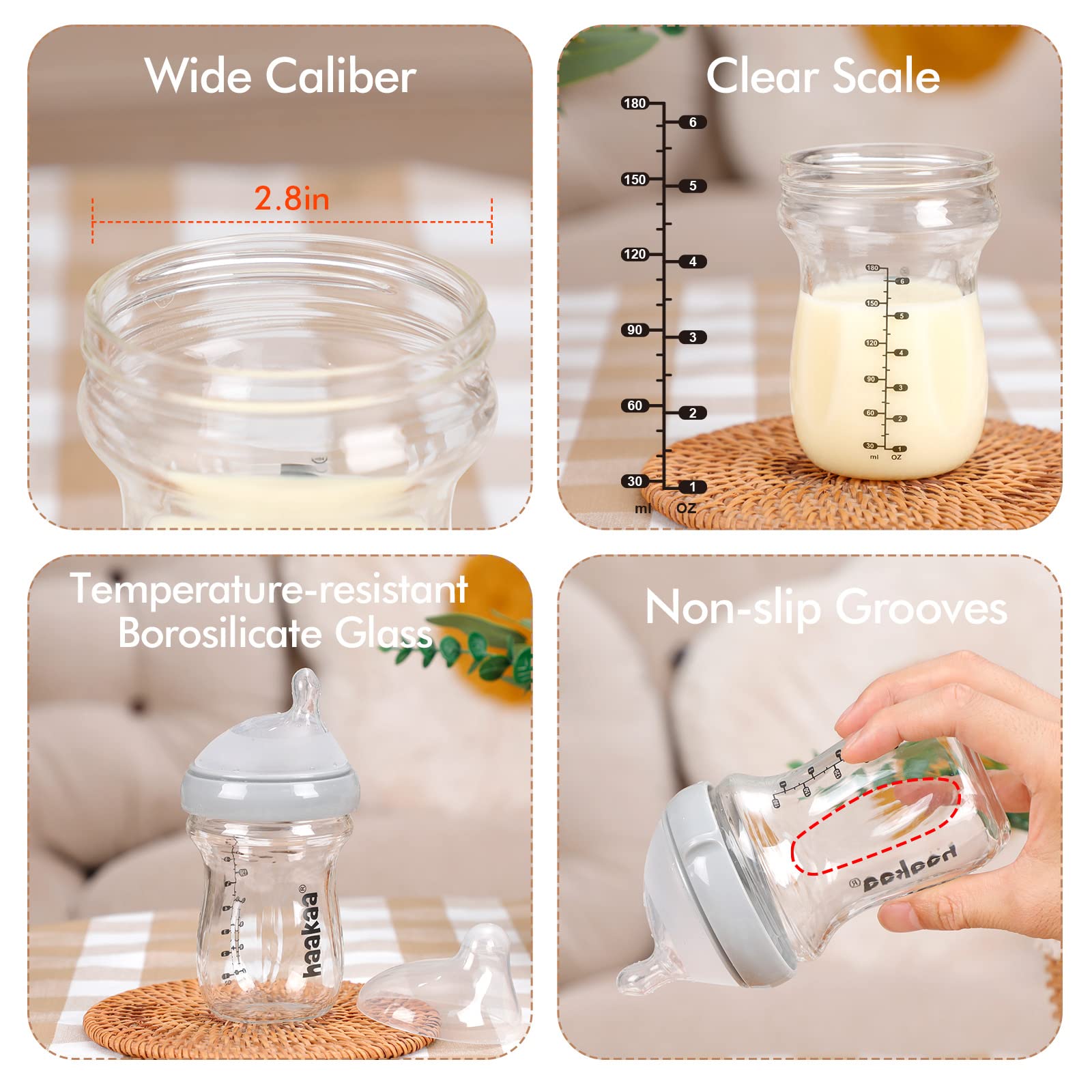 haakaa Manual Breast Pump 4oz/100ml and Glass Baby Bottle 6.3oz/180ml with Anti-Colic Body for Baby Feeding (Variable Flow Nipple, 6m+, Grey)