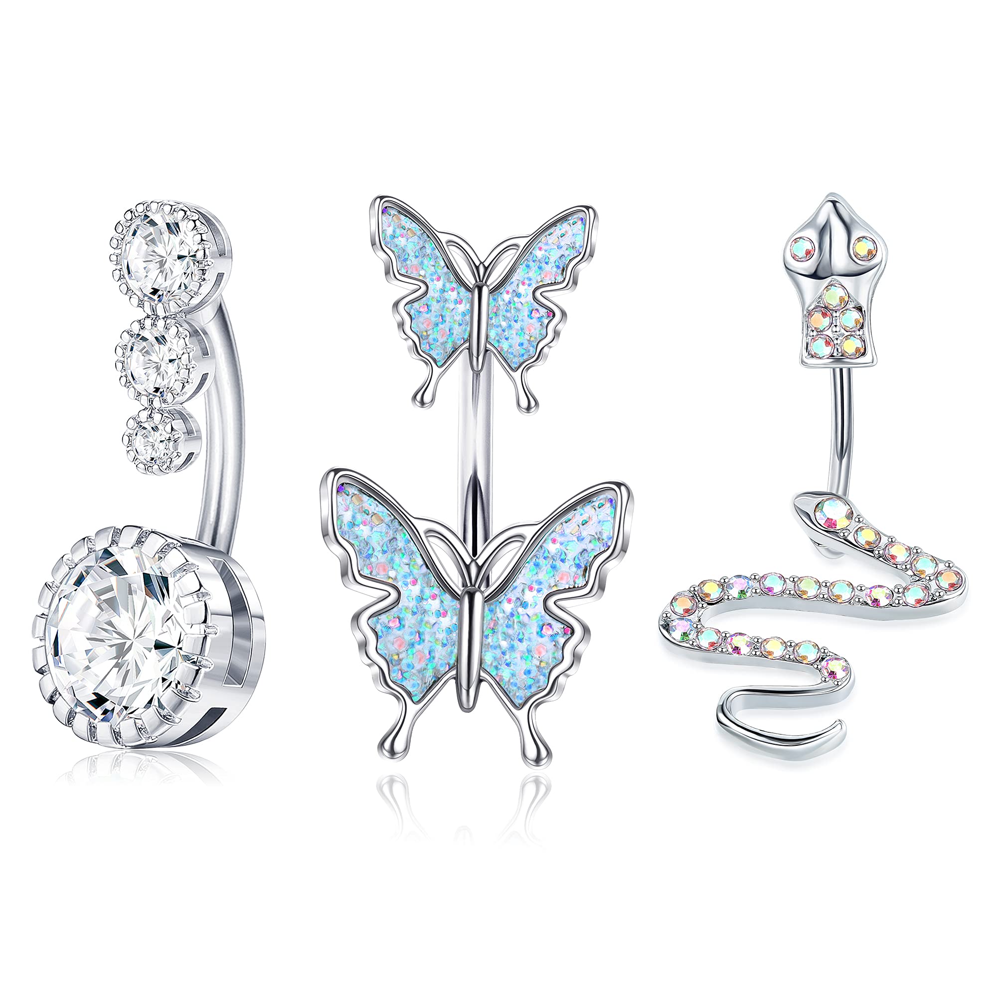 FASACCO 3Pcs Belly Button Ring 14G Surgical Steel Belly Rings for Women CZ Snake Butterfly Belly Button Rings (white tone)