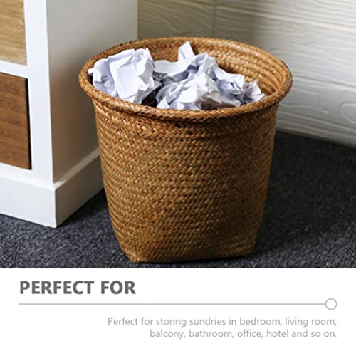 NOLITOY 2pcs Seagrass Waste Basket Woven Trash Can Wicker Waste Paper Basket Round Garbage Container Bin Rattan Laundry Basket Plant Pot for Bedroom Bathroom Kitchen Home Office