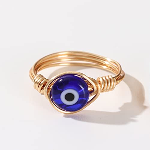 Frmingdocj Blue Evil Eye Glass Bead in Sterling Silver or 14kt Yellow or Rose Gold Filled Wire Band - Handmade Wire Wrapped Ring (9)
