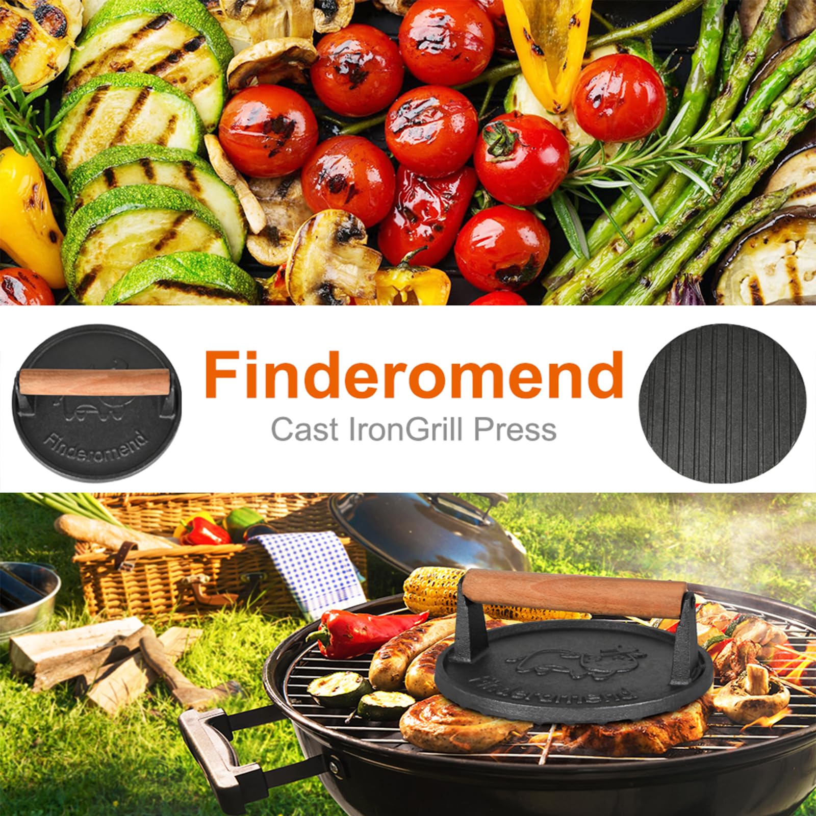 Finderomend Hamburger Press,Cast Iron Grill Press,Heavy Duty Smash Meat,Bacon,Steak & Burger Press with Wooden Handle for Blackstone Pitboss Weber Treager Griddle (Calf-Round 3)