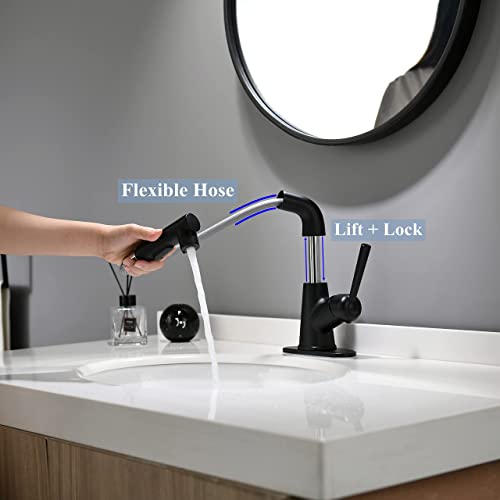 Joozer Matte Black Bathroom Pull Out Faucet Bathroom Faucet with Pull Out Sprayer RV Faucet for Bathroom Sink Lavatory Single Hole 3 Mode Rotating Spout for Cold and Hot Water with 6 Inch Deck Plate