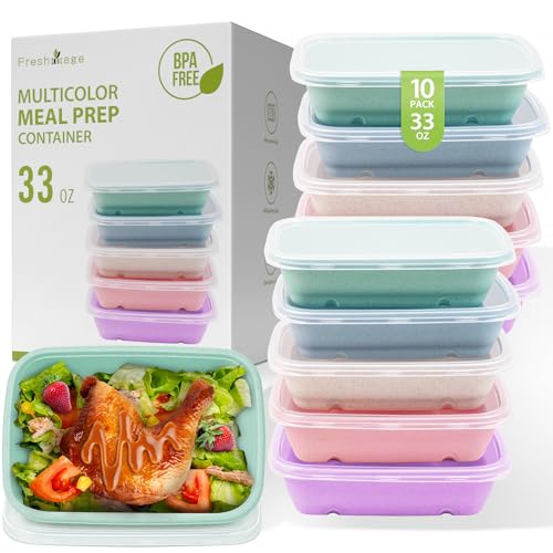 FreshmageĀ® 33OZ Meal Prep Container Reusable,Multicolor 10 Pack Thicker Lunch Prep Food Storage Containers with Lids for Adult On-the-Go Meals,BPA-Free & Microwave Safe