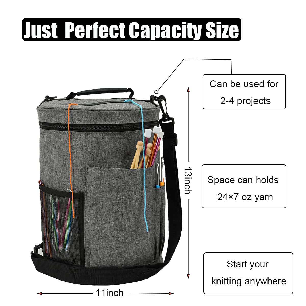 Weabetfu Large Capacity Portable Yarn Organizer Knitting Tote Storage Bag with Shoulder Strap Yarn Bags Have Pocket for Crochet Hooks,Knitting Needles & Accessories,Prevent Yarn Tangle(Grey)