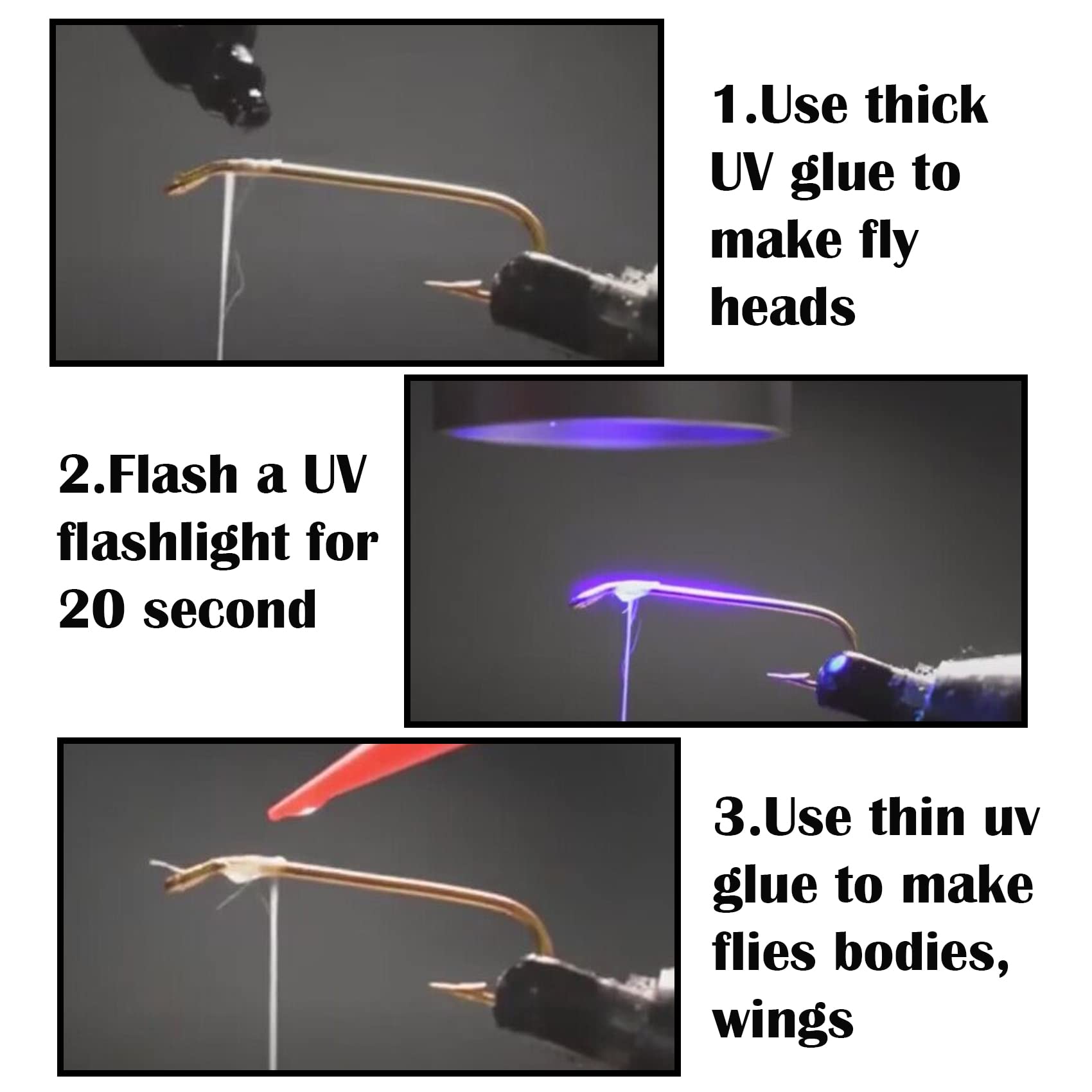 Eupheng Fly Tying UV Glue Three Formula Each 0.7oz Thick,Thin and Super Flex Fly Head Cement with 10W 395nm UV Power Light Fly Tying for Building Flies Fly Tying Materials Kit