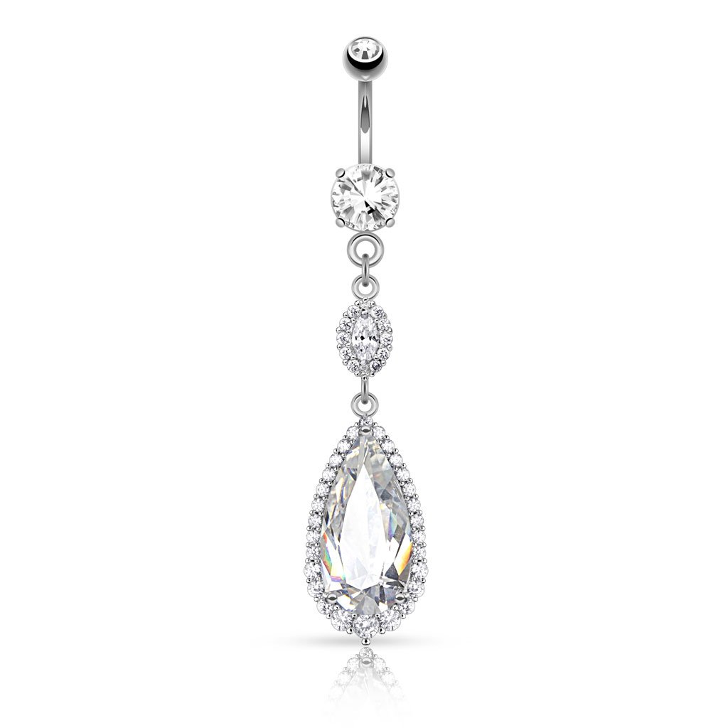 Dynamique 14G Large Teardrop CZ with Paved Trim Chandelier Dangle Belly Button Navel Ring (Clear)