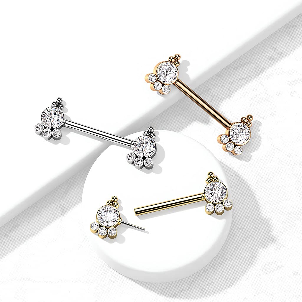 Dynamique 316L Surgical Steel Threadless Push In Nipple Barbell With 4 CZ And Ball Cluster On Each Side (Sold Per Pair Or Per Piece)