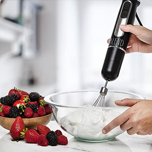 Rae Dunn Immersion Hand Blender- Handheld Immersion Blender with Egg Whisk and Milk Frother Attachments, 2 Speed Blender, 500 Watts, Stainless Steel Blade (Black)