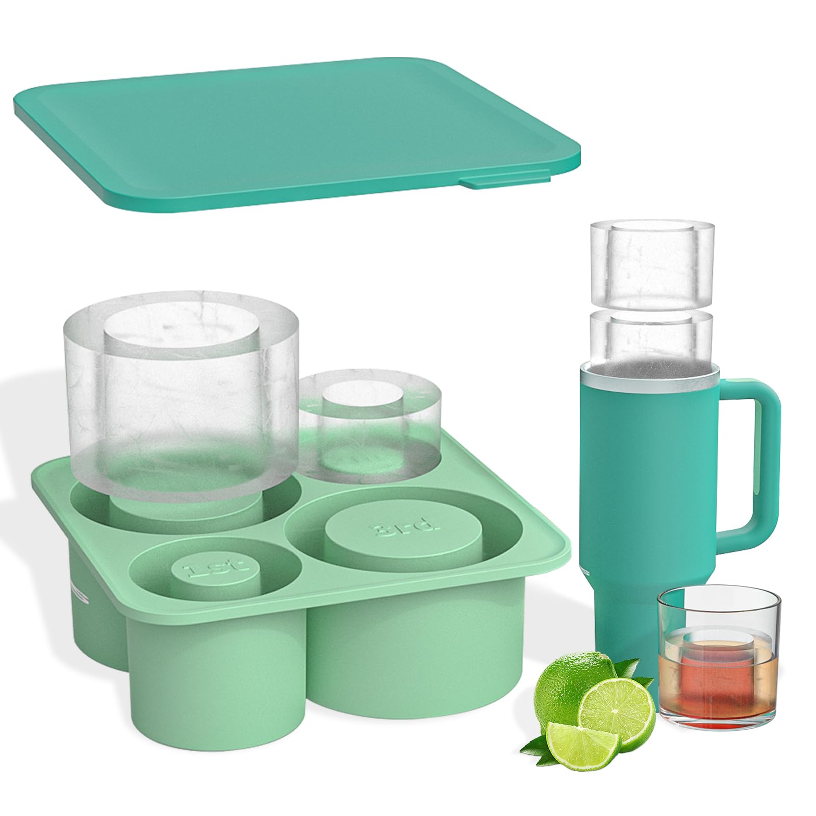 Ice Cube Trays with Lids for Stanley Cup,4Pcs Cylinder Silicone Ice Cube Trays for Freezer,Ice Mold with Lid and Bin for Freezer, Ice Drink, Juice, Whiskey, Cocktail, 20Oz, 30Oz, 40Oz(Green)