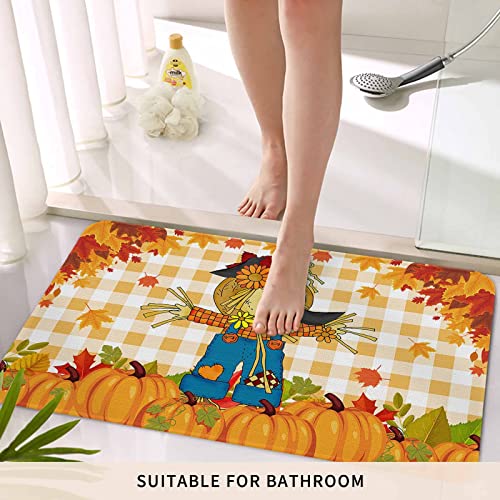 Fall Bathroom Rugs Scarecrow Crow Pumpkin Fall Bath Mat Sponge Doormat, Maple Leaf Buffalo Plaid Absorbent Bath Mat Non Slip Washable Durable Foam Mats Carpet for Bathroom Kitchen,18 x 30 Inch