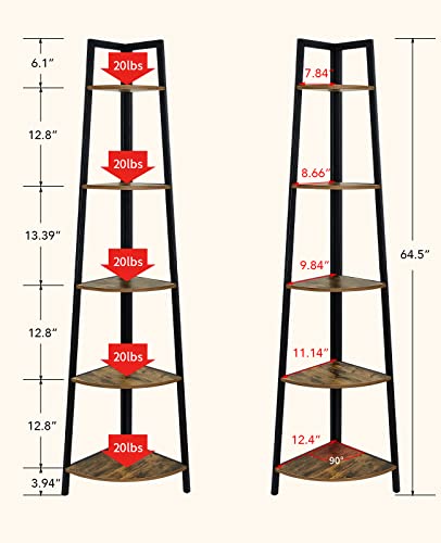 Pshelfy 5-Tier Corner Shelf, Rustic Corner Bookshelf Bookcase Multipurpose Corner Ladder Shelf Plant Stand for Living Room, Kitchen, Home Office Small Space (Brown)