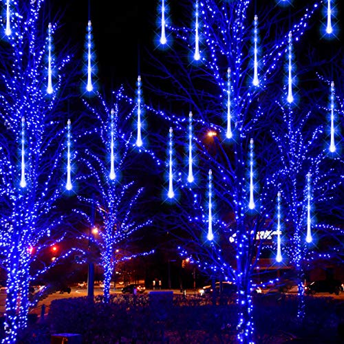 FUNPENY Meteor Shower Rain Lights, 288 LED Christmas Lights Icicle Snow Falling Christmas Lights Outdoor Raindrop Lights, 30cm 8 Tubes Xmas Tree Holiday Decoration (Blue)