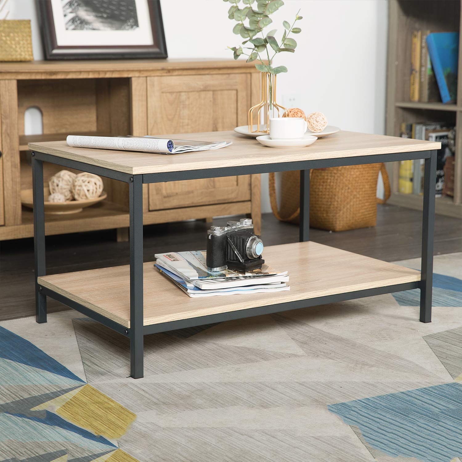 Finefind Modern Industrial Metal Rectangular Coffee Table with Storage Shelf for Living Room, 32 Inch Wood Rustic Furniture for Home Office, Charter Oak Finish