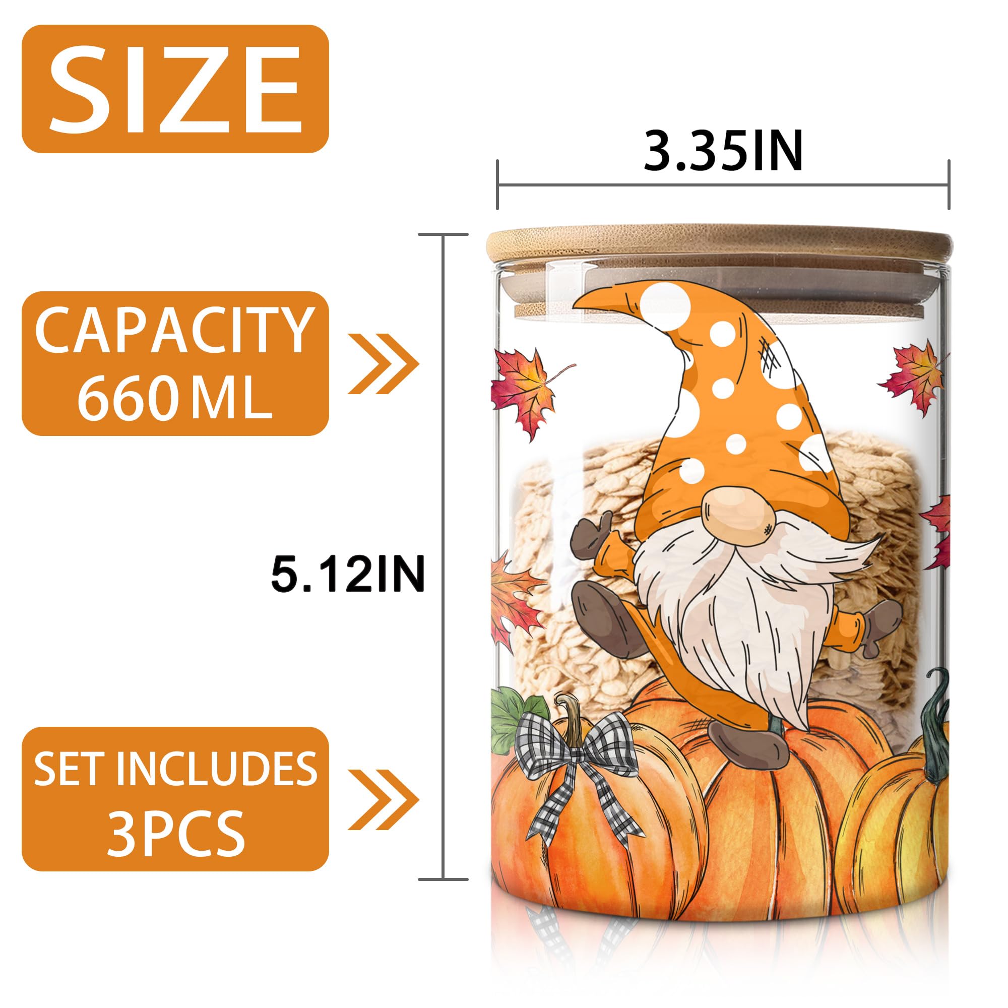 Fall Decor 3 Pack Glass Storage Jars with Airtight Bamboo Lid-Fall Pumpkin Gnomes Canisters Sets for Kitchen Countertop Autumn-Clear Fall Glass Storage Jars for Coffee Bean, Cookie, Candy, Tea, Flour
