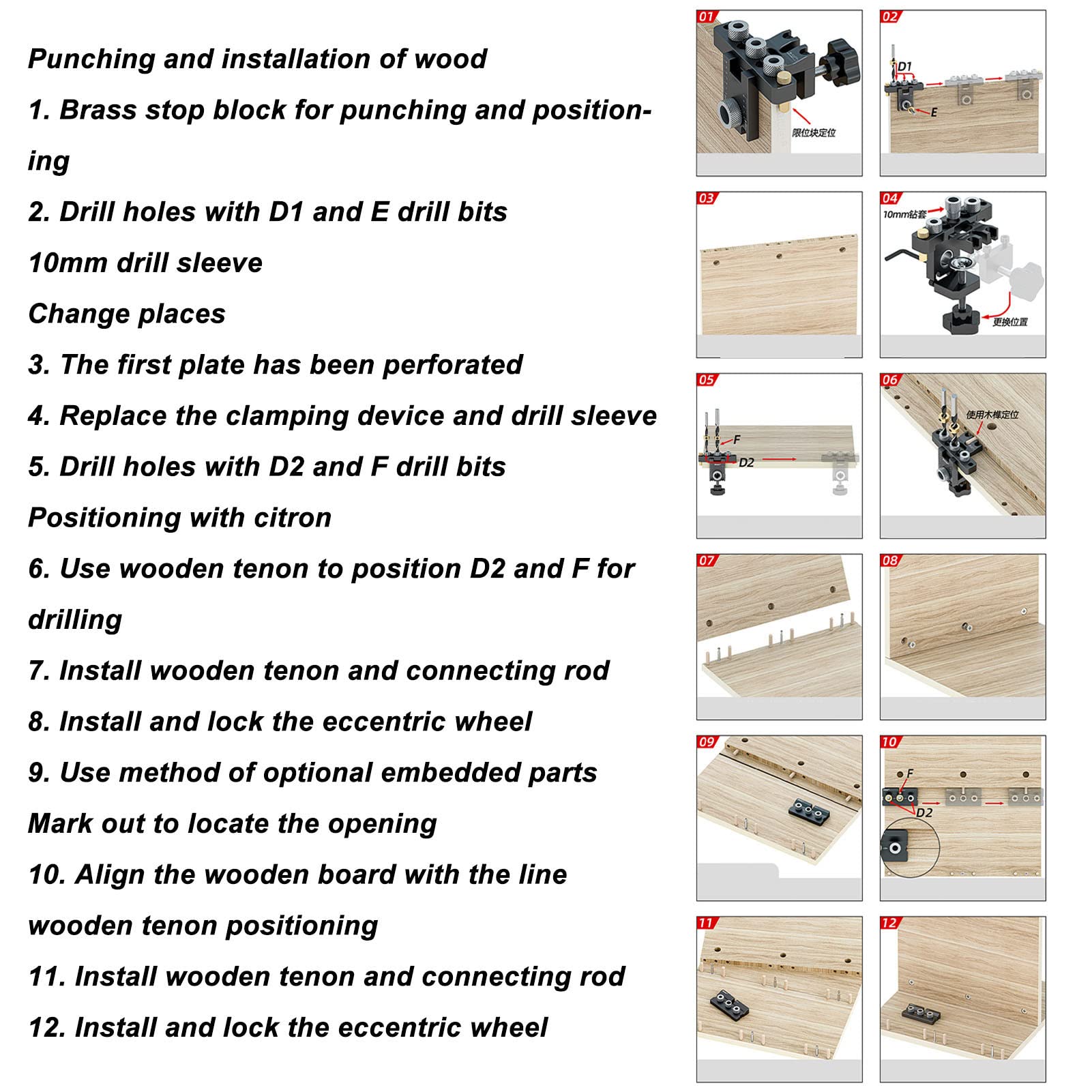 Dowel Drill Guide Kit, Doweling Jig Hole Puncher 3 in 1 Stable Resistant Accurate Aluminum Alloy with 8mm 10mm 15mm Drill Bit for Woodworking