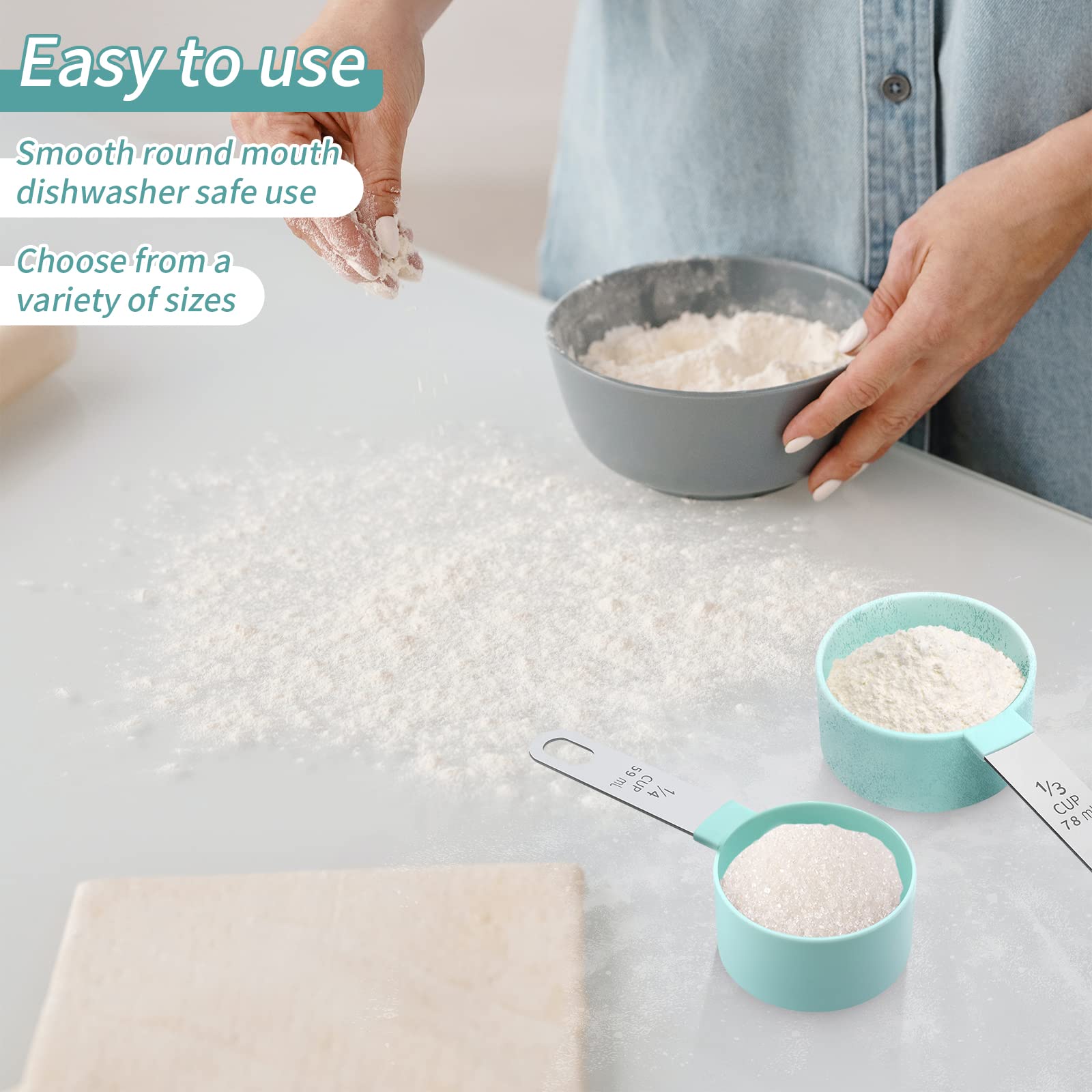 Measuring Cups Set Measuring Spoons Set, Nesting Measure Cups with Stainless Steel Handle, For Measuring Dry and Liquid Ingredients Small Teaspoon with Plastic Head (Mint Green)