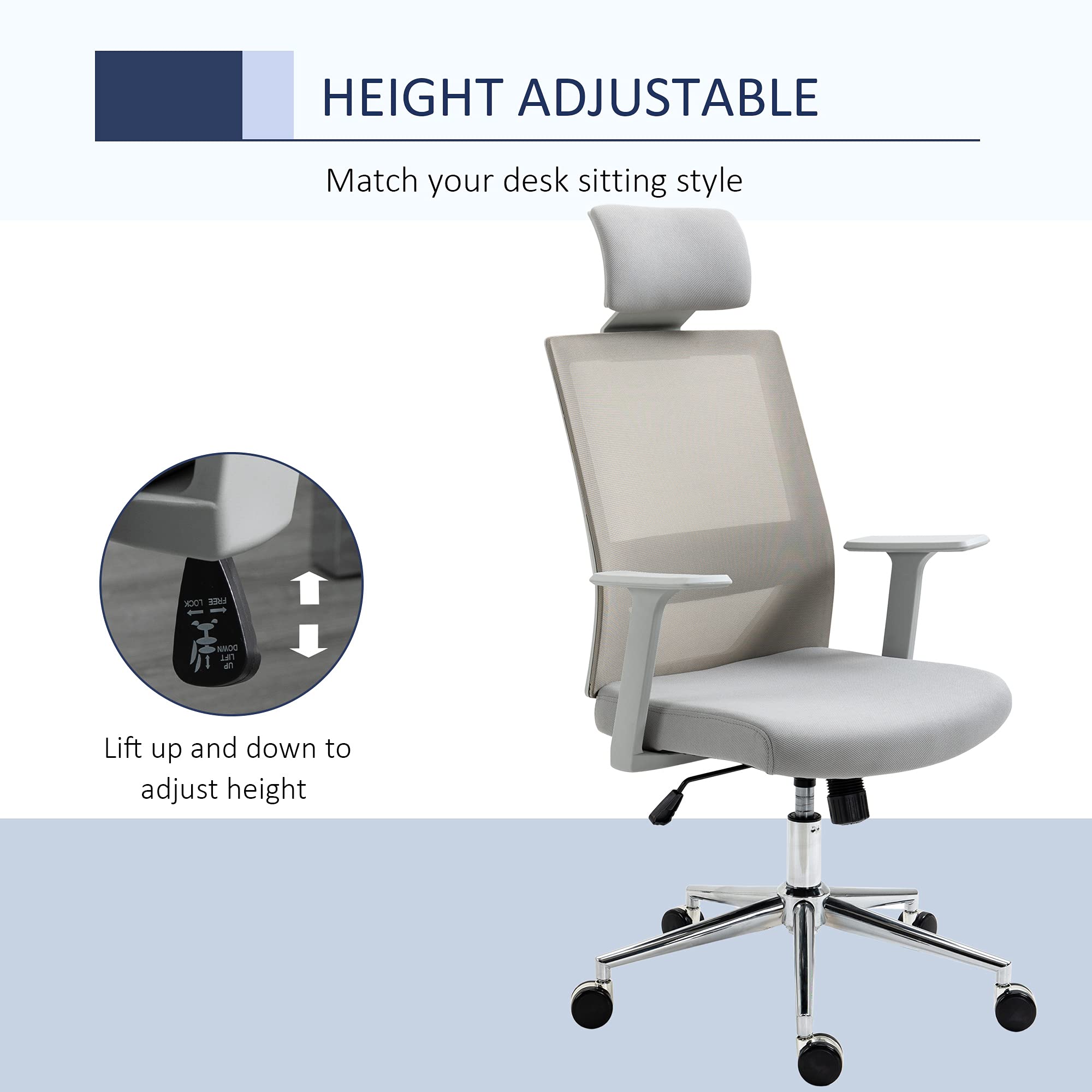 Vinsetto High Back Office Chair, Swivel Task Chair with Lumbar Back Support, Breathable Mesh, and Adjustable Height, Headrest, Grey