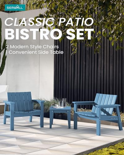 SERWALL Adirondack Chair Set with Side Table, HDPE Patio Bistro Set- Navy Blue
