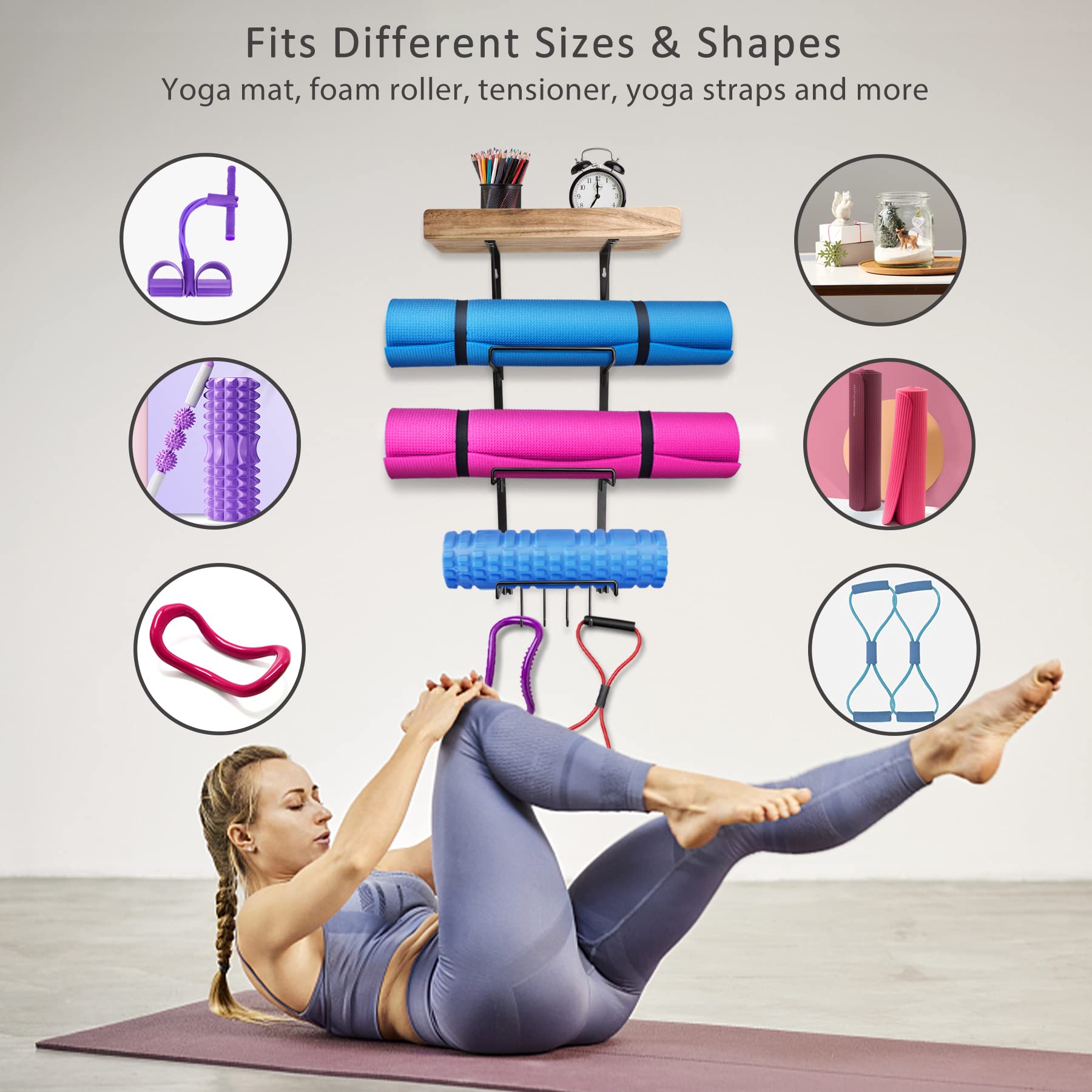 FIRJOY Wall Mount Yoga Mat Holder & Foam Roller Rack with Hooks and Shelf for Yoga Mat, Foam Roller Storage, Home Gym Accessories Organization