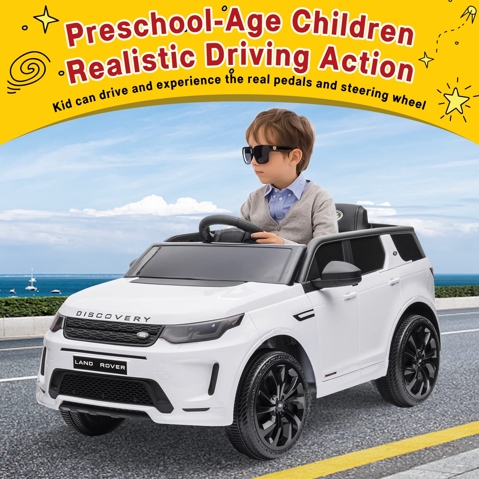 Hetoy Ride on Car for Kids 12V power Battery Electric Vehicles Licensed Land Rover Ride On Truck w/Parent Remote Control, MP3 Player, Rocking, Pull Rod (White)